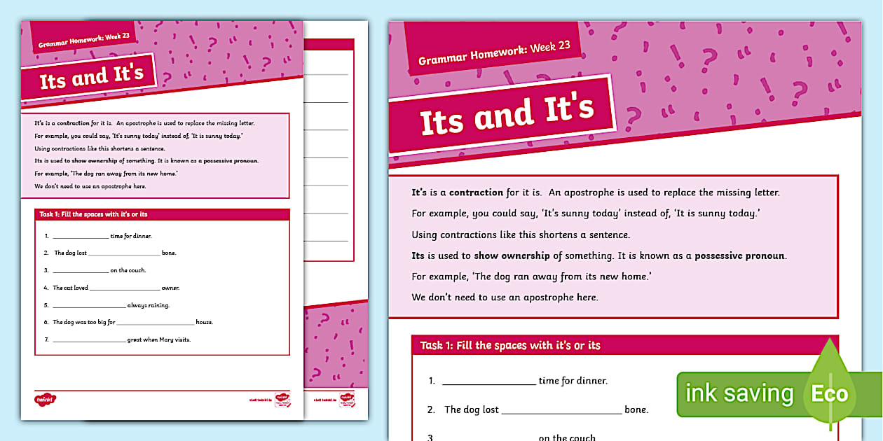 Grammar Homework Week 23 Its and It's 3rd/4th Class