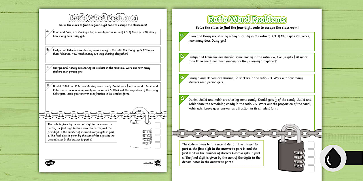 Ratio Word Problems Escape Room Puzzle (teacher made)