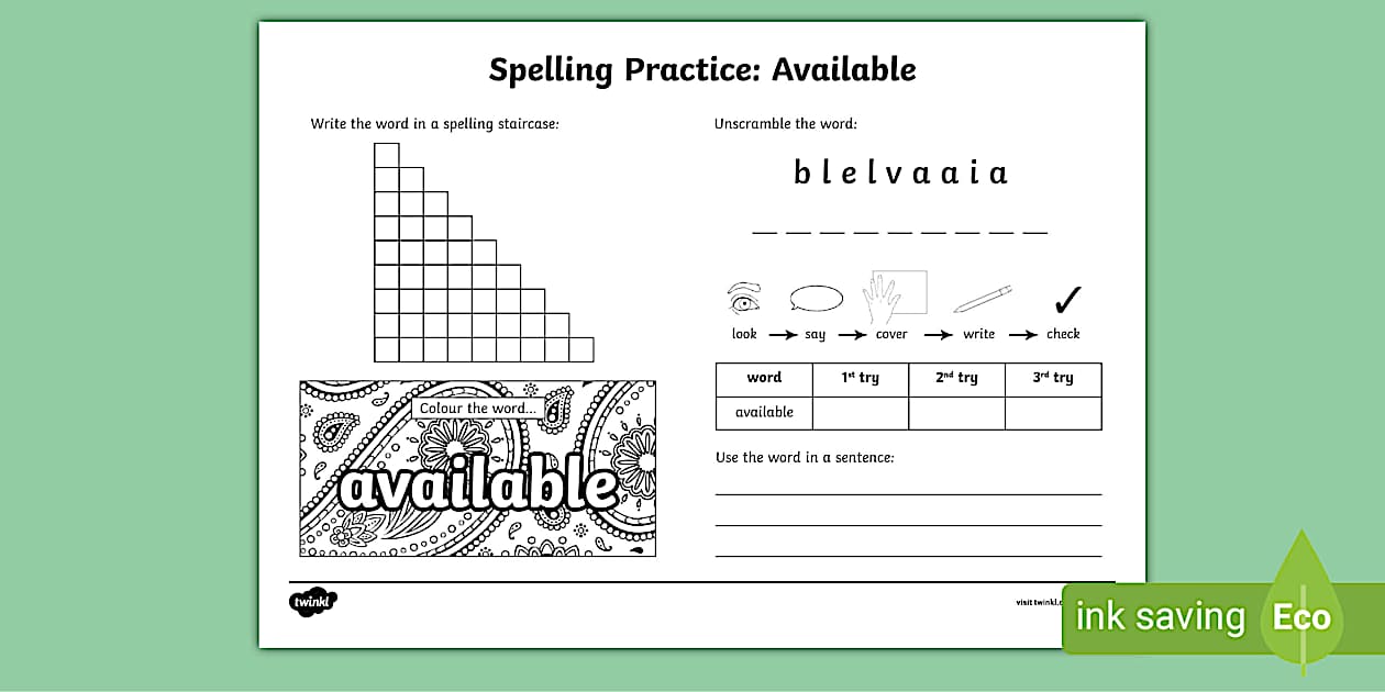 Available Spelling Practice Worksheet