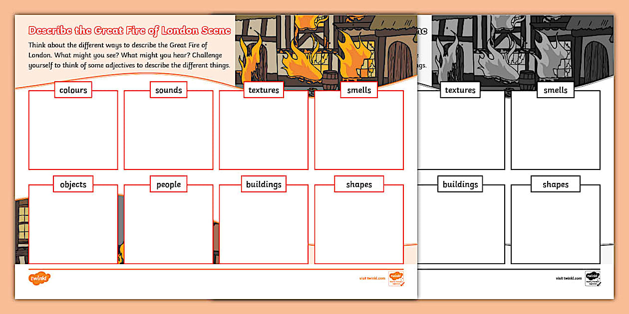The Great Fire of London Adjectives Worksheet - Twinkl