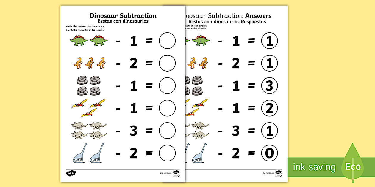 Dinosaur Themed Subtraction Worksheet English/Spanish