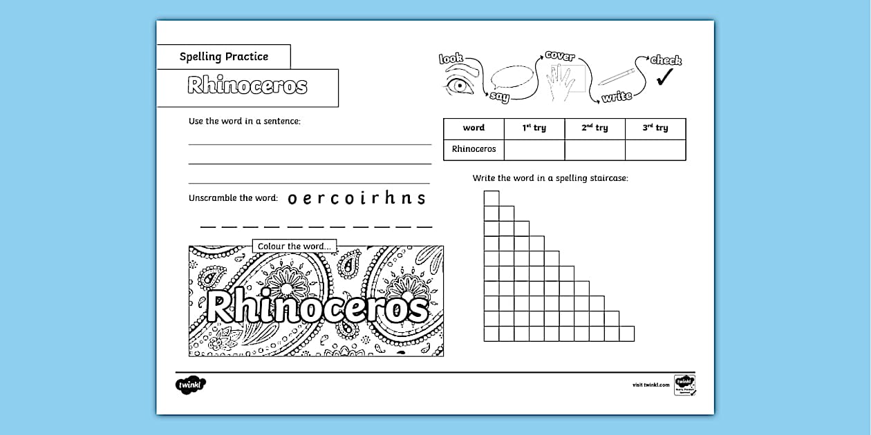 How to Spell Rhinoceros Worksheet (professor feito) - Twinkl