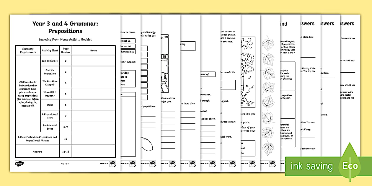 Years 3 and 4 Grammar: Prepositions Learning From Home Activity Booklet