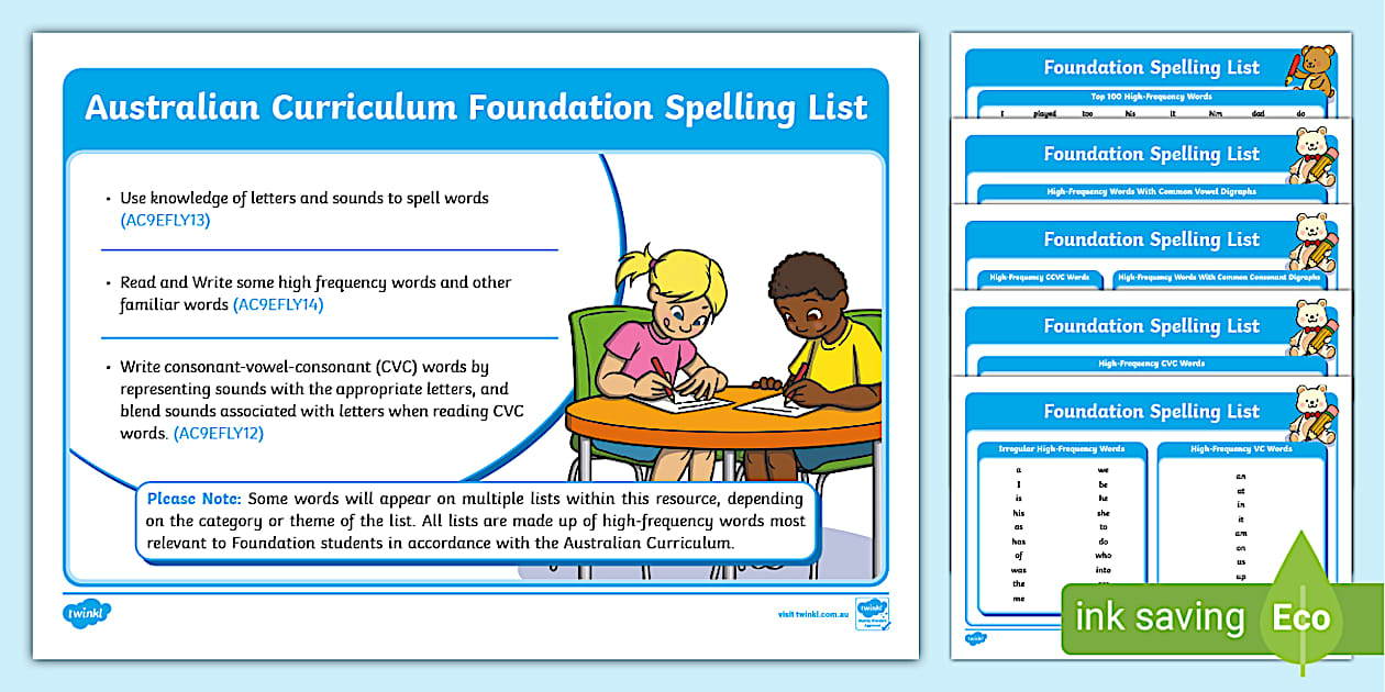 Foundation Spelling List Australian Curriculum Aligned Prep