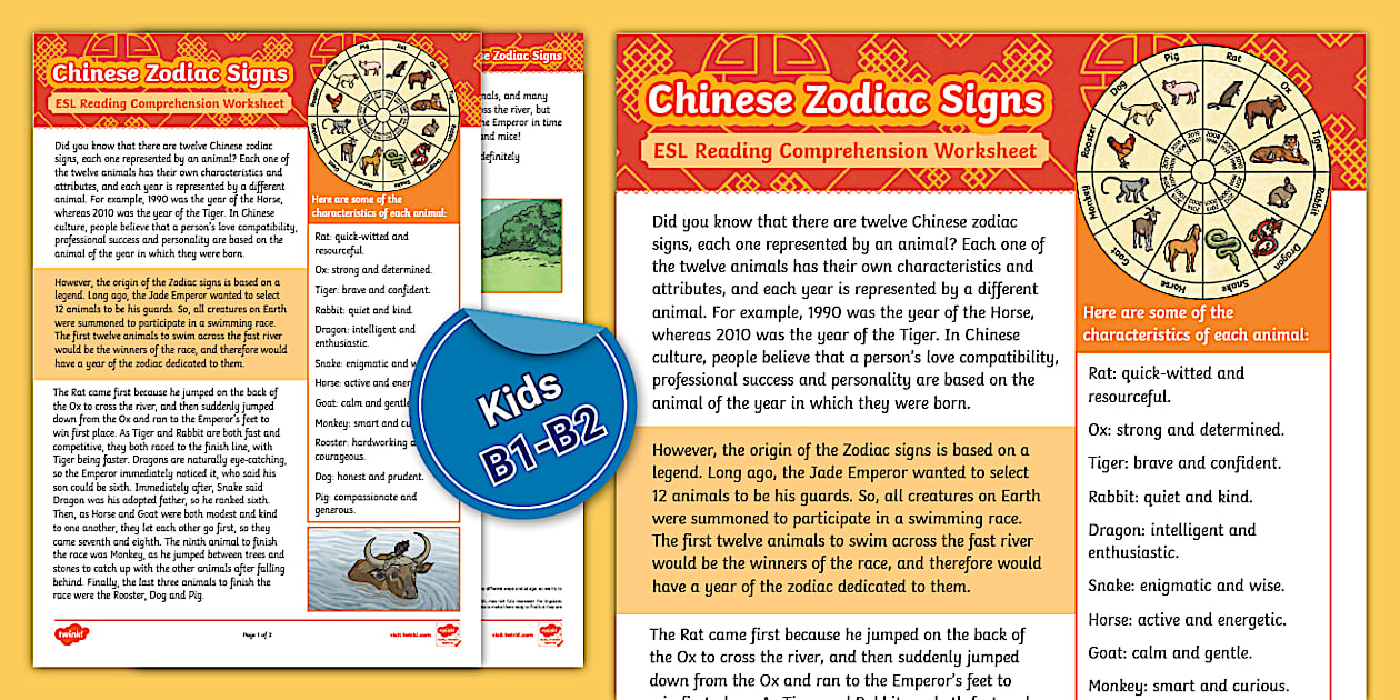 ESL Chinese Zodiac Signs Reading Comprehension Worksheet [Kids, B1-B2]