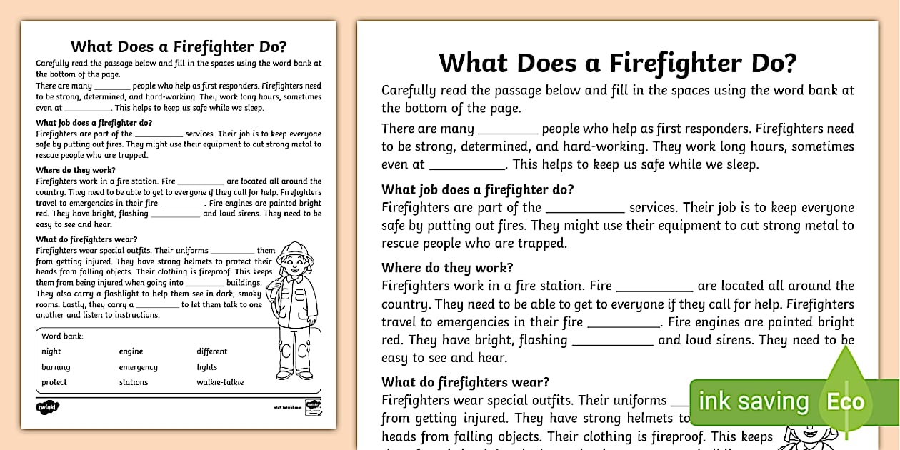 Second Grade Firefighter Cloze Reading Worksheet | Twinkl