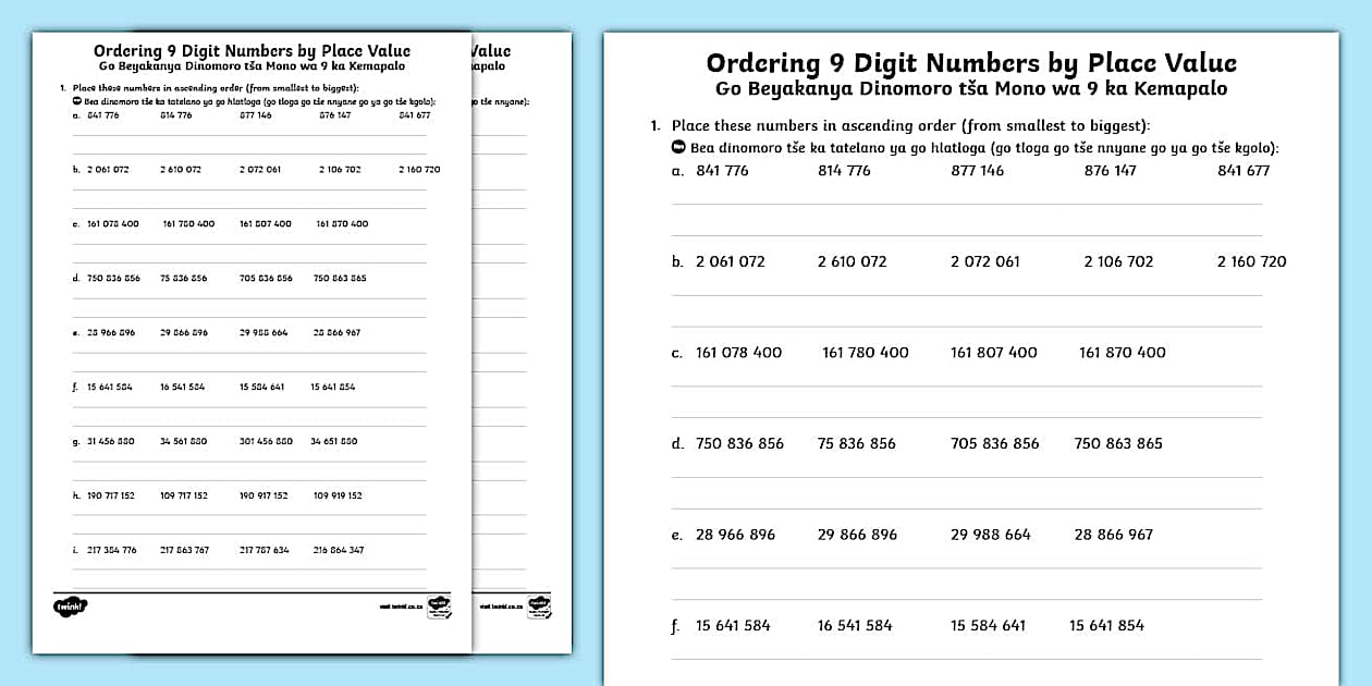 Ordering 9 Digit Numbers by Place Value Activity Sheet Sepedi