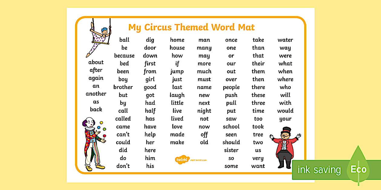Circus Themed KS1 Word Mat (Teacher-Made) - Twinkl