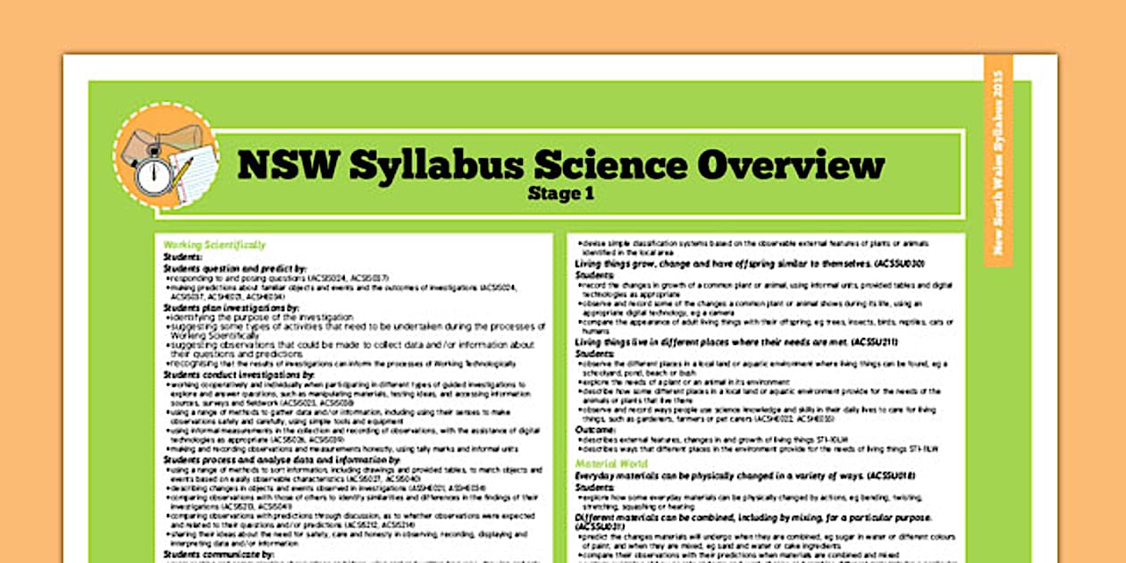 Australia NSW Syllabus Science Stage 1 Overview - australia