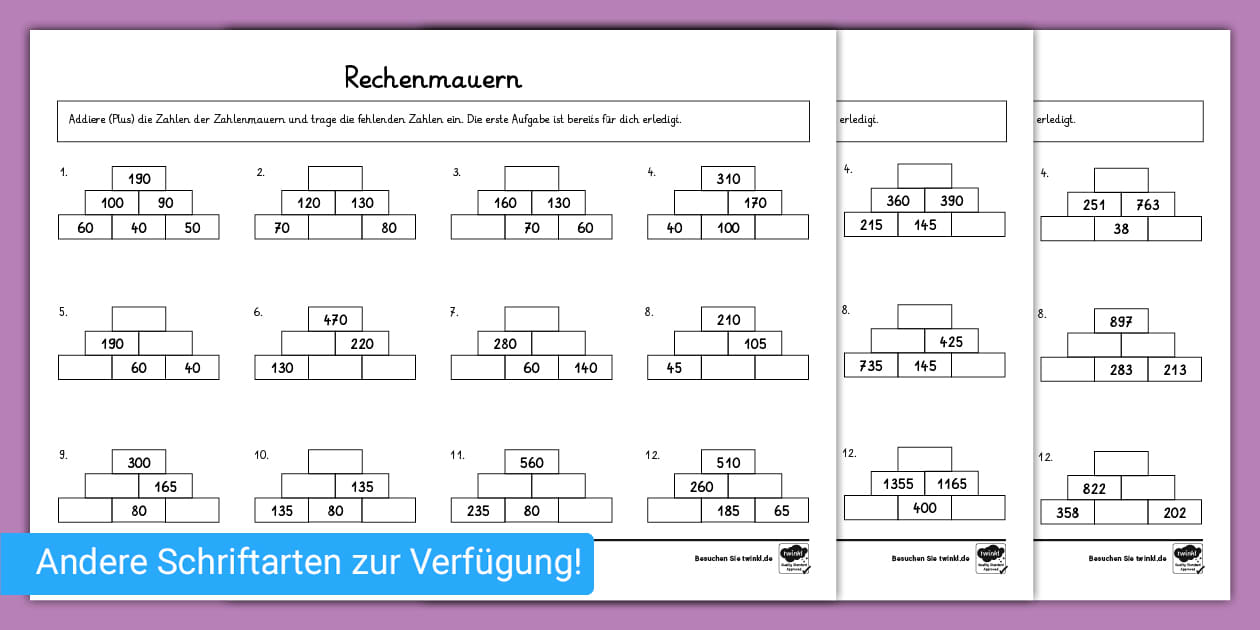 Zahlenmauern Addition bis 1000 - differenzierte Arbeitsblätter