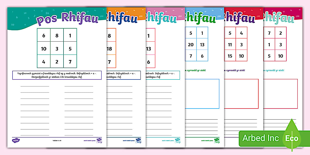 Taflenni Gweithgaredd Posau Brawddegau Rhif