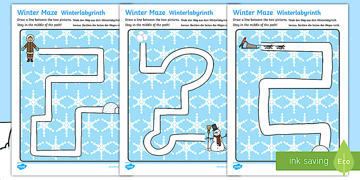 Winter Pencil Control Path Worksheet / Worksheets English/German