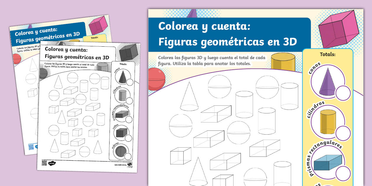 Hoja de actividad: Colorea y cuenta - Figuras geométricas en 3D