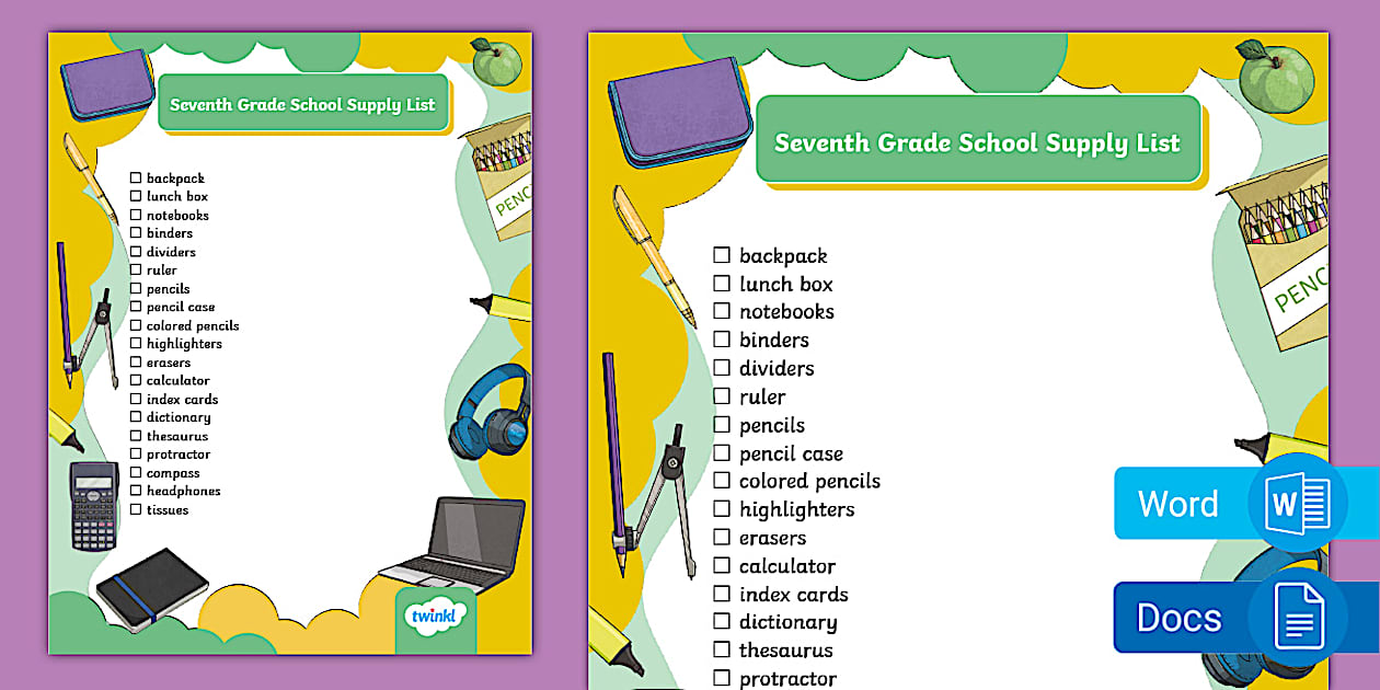 Seventh Grade Editable School Supply List - Twinkl
