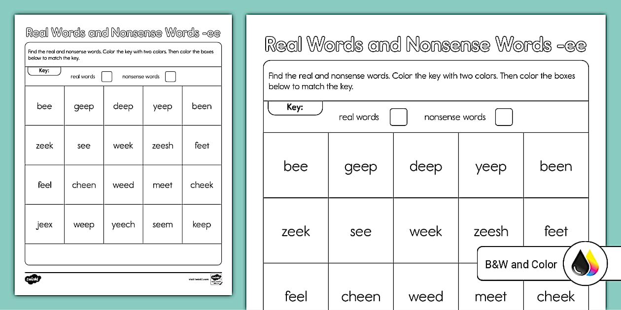 Real Words and Nonsense Words -ee Worksheet for 1st-2nd Grade