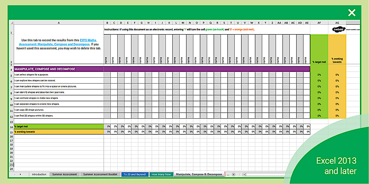 EYFS Maths Reception Assessment Spreadsheet: Summer (WRM)