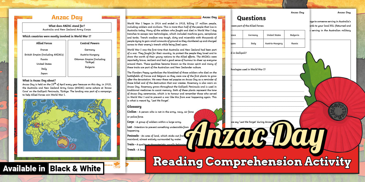 Anzac Day for Older Students Reading Comprehension Activity