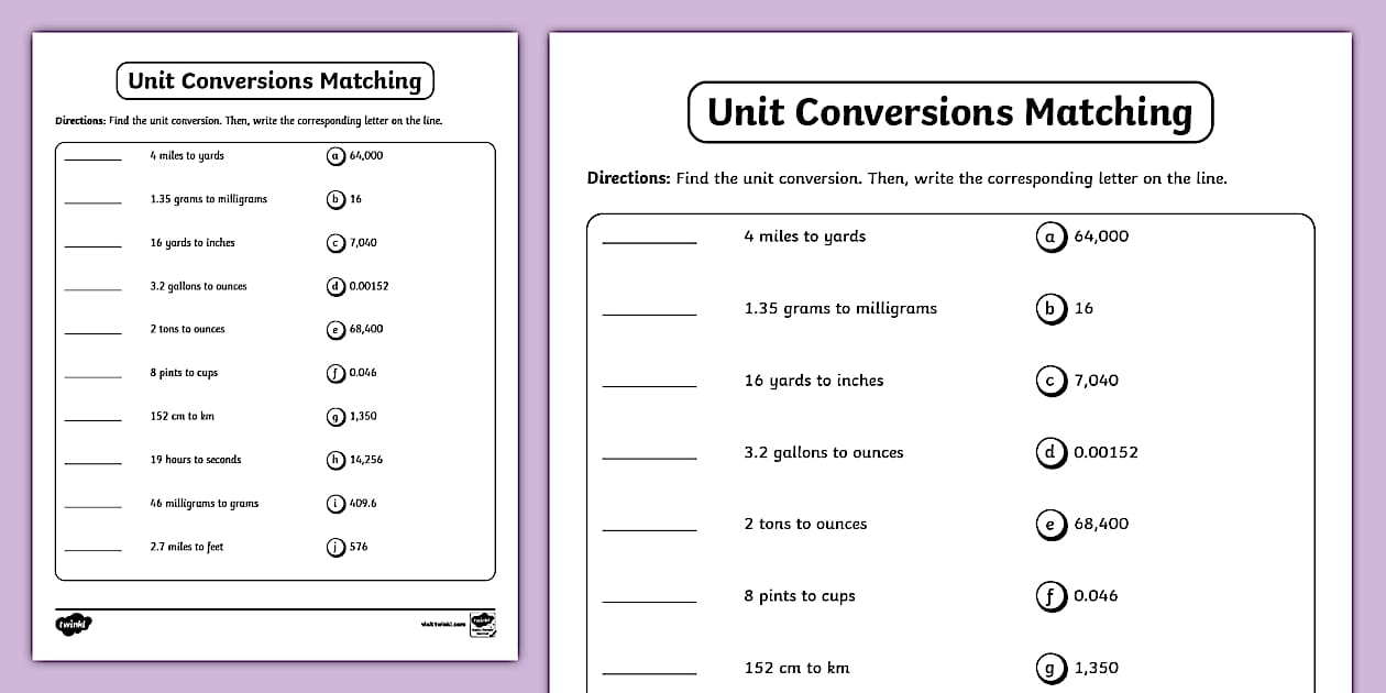 Seventh Grade Unit Conversions Matching Worksheet - Twinkl