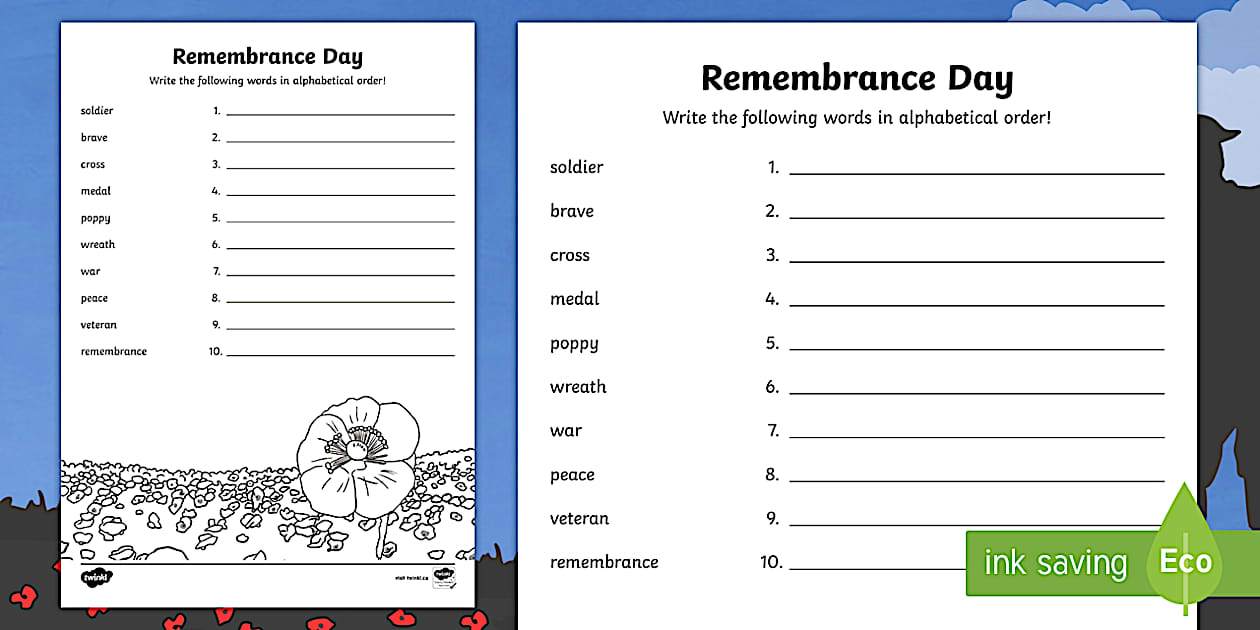 Remembrance Day ABC Order Worksheet / Worksheet - Twinkl