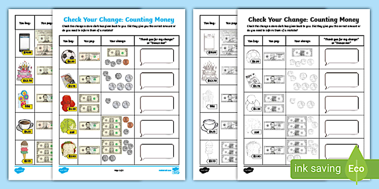 Counting Money and Making Change Worksheets | Twinkl USA