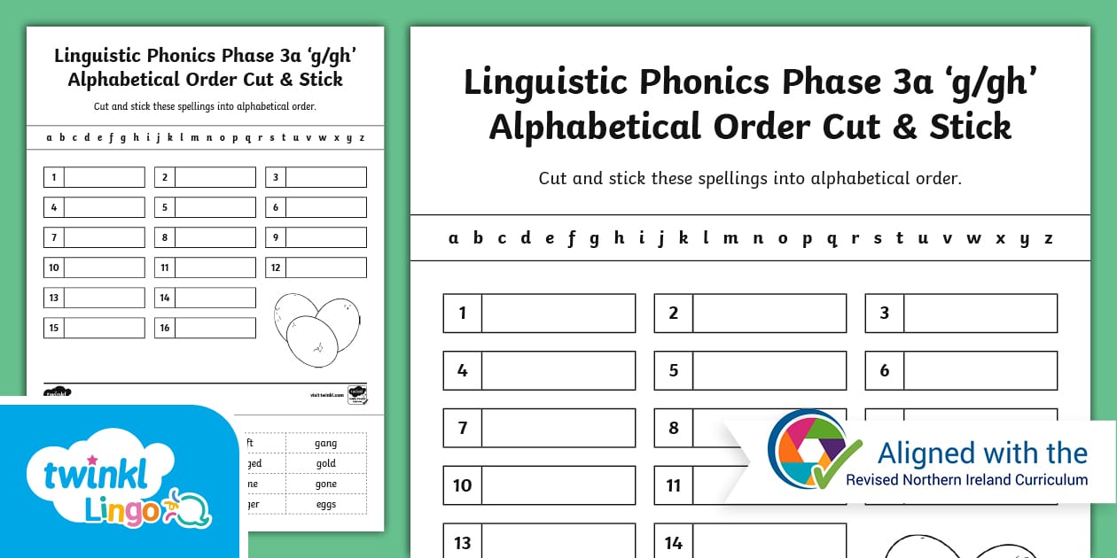 Linguistic Phonics Phase 3a 'g/gh' Alphabetical Order