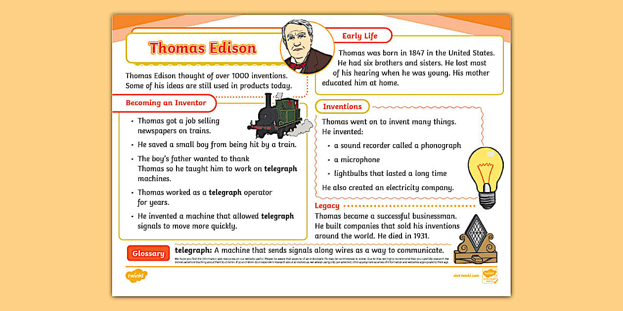 KS1 Thomas Edison Fact File - Inventors - Science - Twinkl