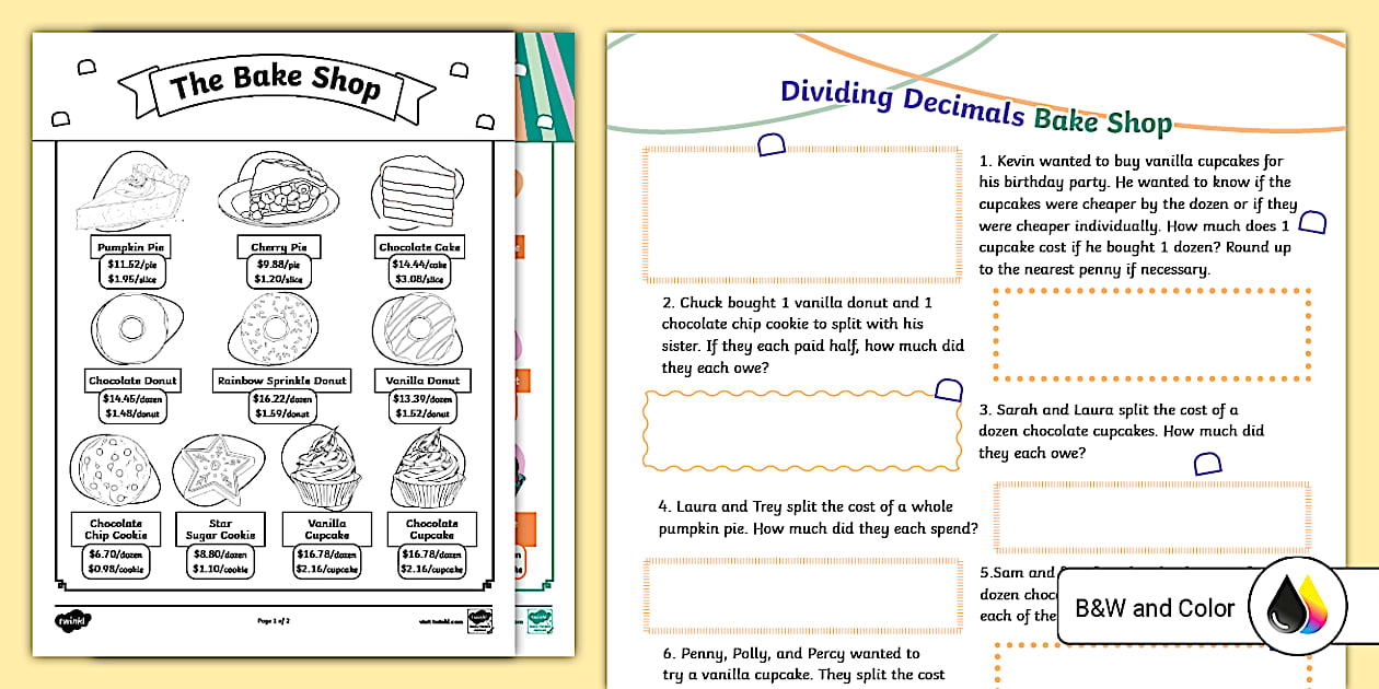 Sixth Grade Dividing Decimals Bake Shop Worksheet - Twinkl