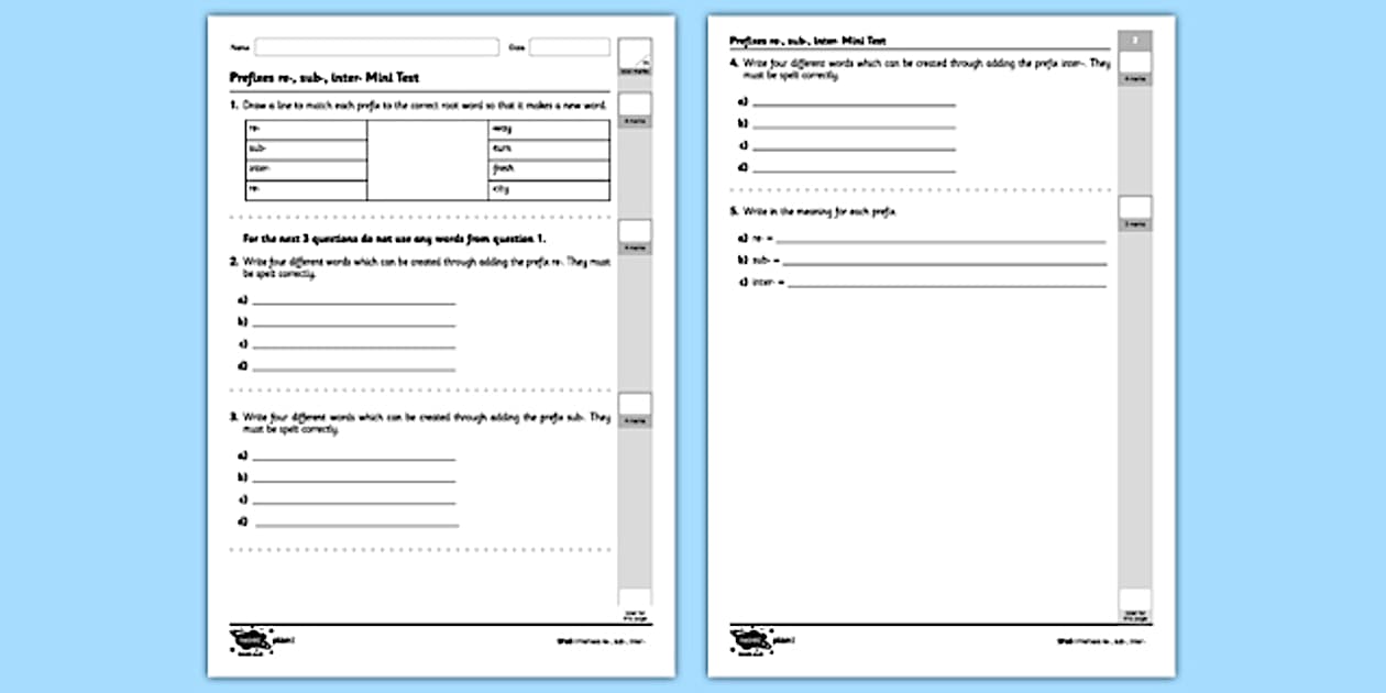 Prefixes re, sub, inter Mini Test (teacher made) - Twinkl