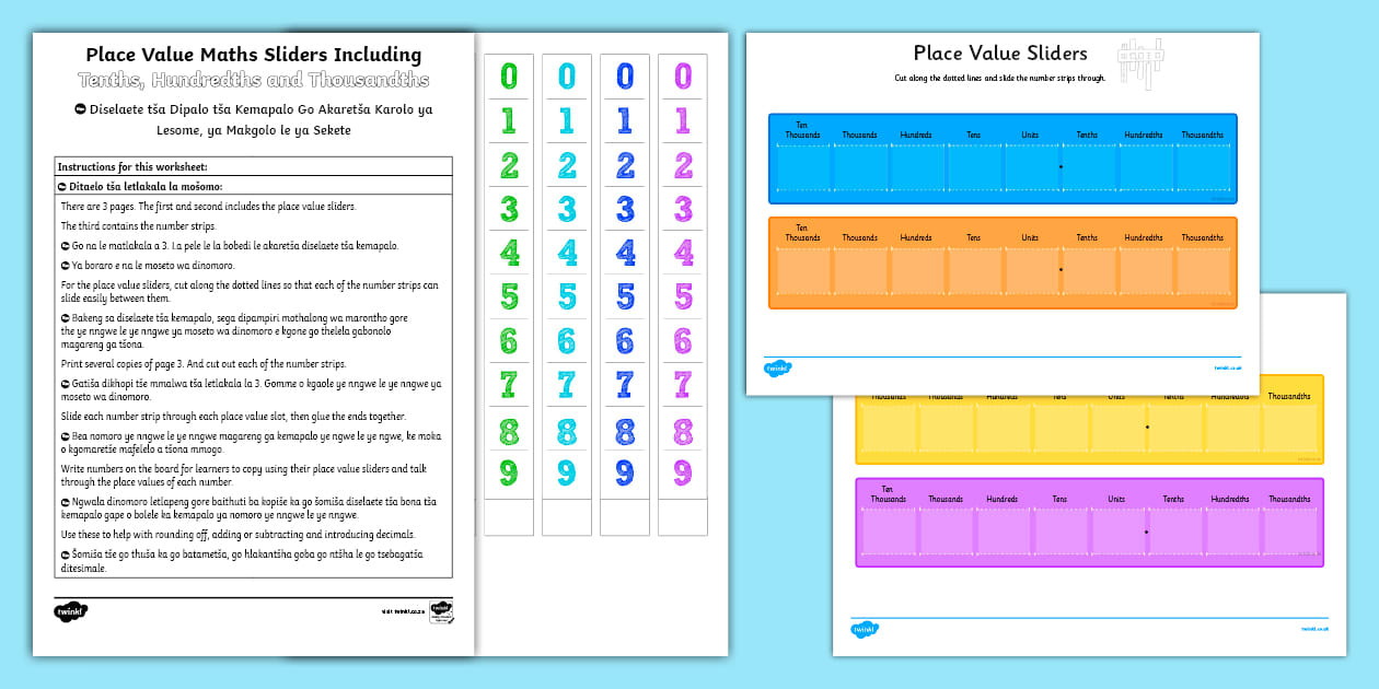 Place Value Maths Sliders: Tenths, Hundredths... Sepedi