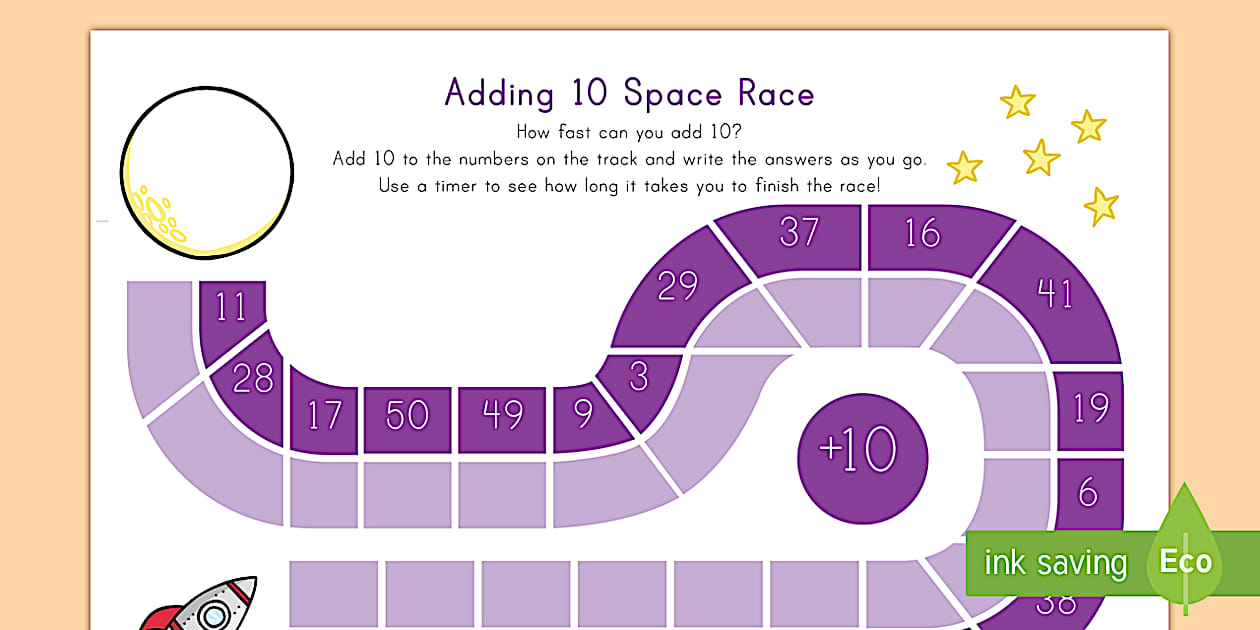 Adding Ten - Space Math Race - Lower Elementary Resources