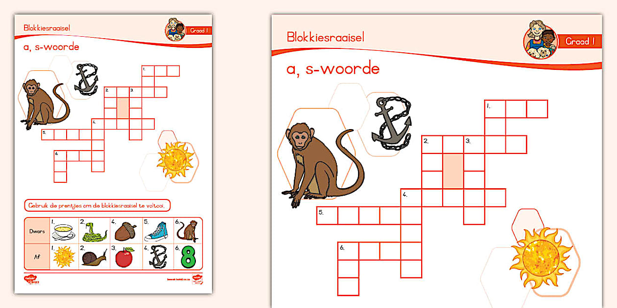 Graad 1 Klanke Blokkiesraaisel a, s