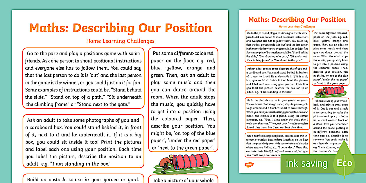 EYFS Maths: Can Describe Their Relative Position Home Learning Challenges