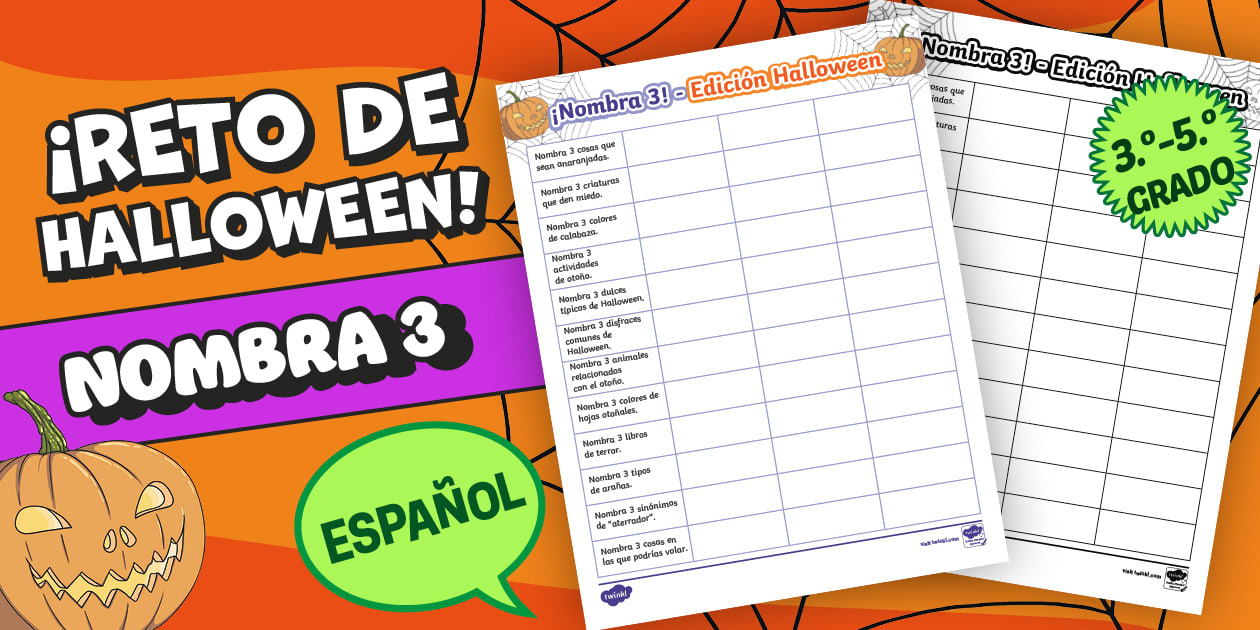 ¡Nombra 3! – Edición Halloween: Hoja de trabajo para para 3.° a 5.° grado