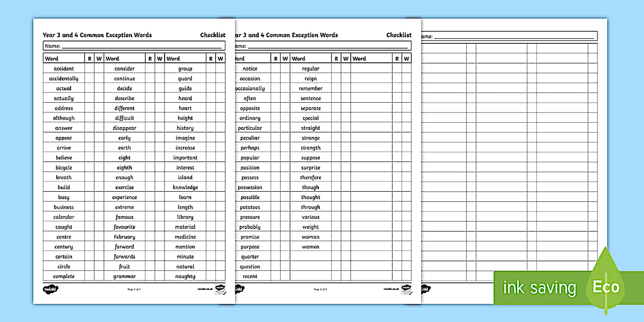 Editable Common Exception Words Year 3 and 4 Checklist
