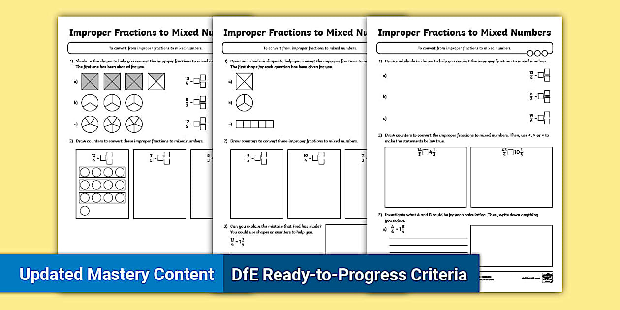 👉 Convert Improper Fractions to Mixed Numbers Maths Worksheet