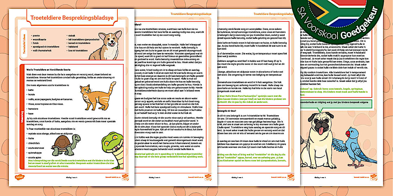 Troeteldiere: Kringtyd Besprekingsbladsye (teacher made)