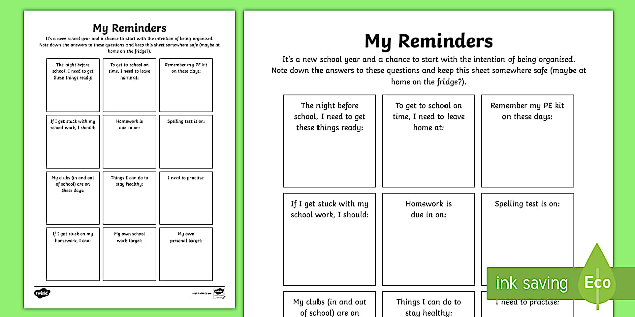 Editable Year 6 Back to School My Reminders Worksheet