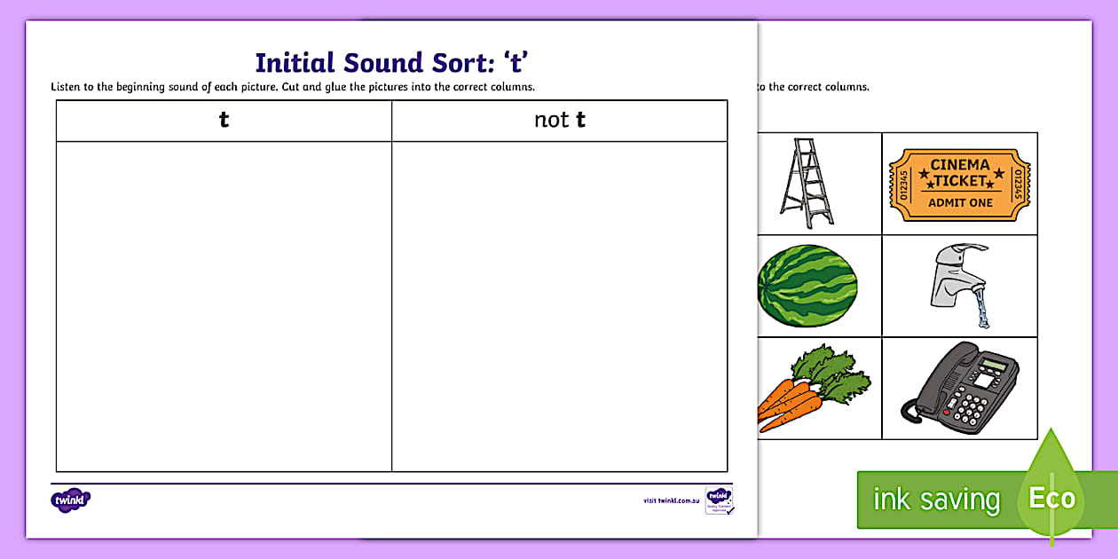 Initial Sound Sort 't' Cut and Glue Worksheet - Twinkl
