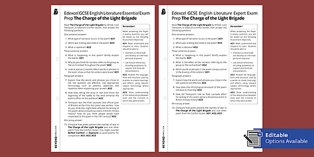 Edexcel GCSE Poetry Exam Prep - 'The Charge of the Light Brigade' Worksheet