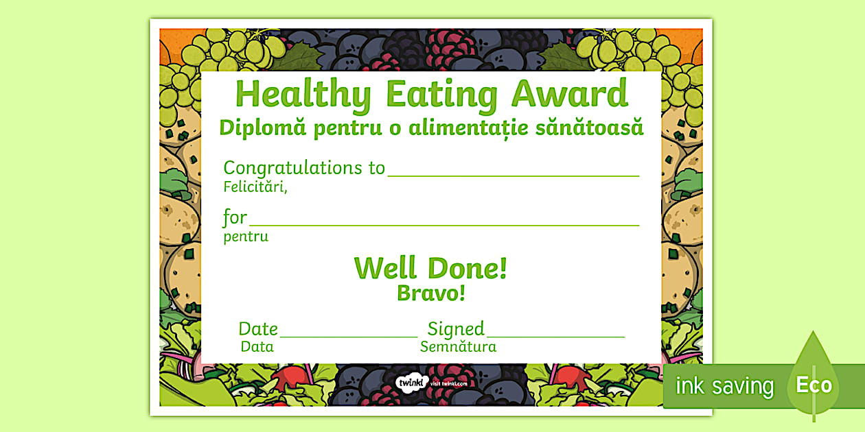 Healthy Eating Award Certificate English/Romanian - Twinkl