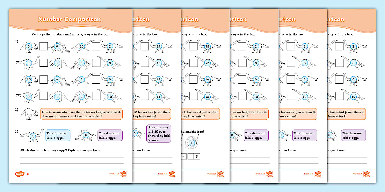 KS1 Dinosaur-Themed Greater Than Less Than Comparison Worksheets