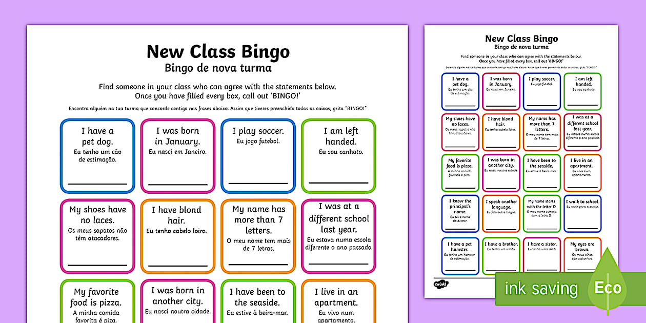 New Class Bingo English/Portuguese - New Class Bingo