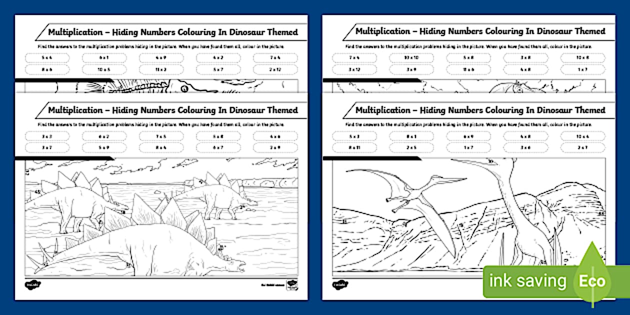 Multiplication – Hiding Numbers Colouring In Dinosaur Themed