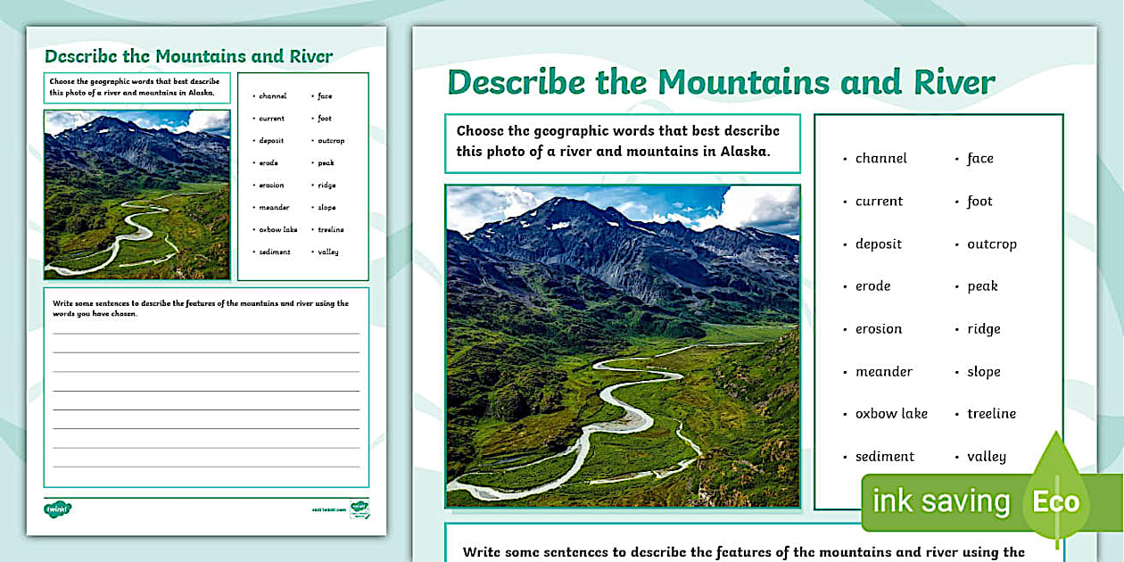 Describe the Mountains and River Worksheet (teacher made)