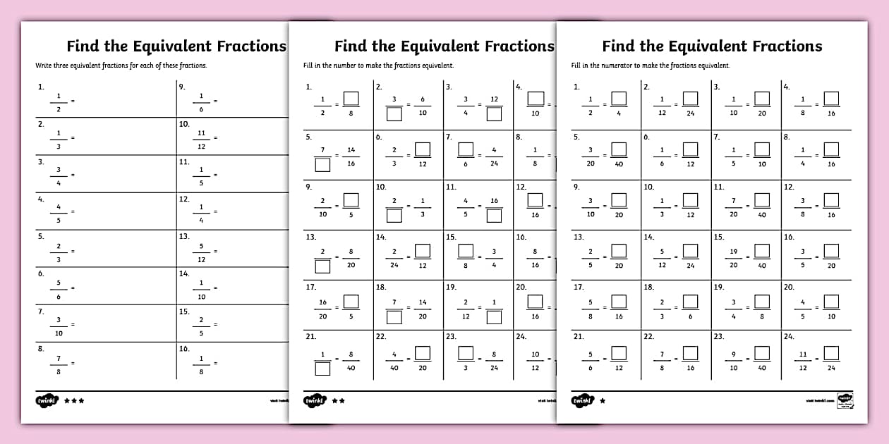 Equivalent Fractions Differentiated Worksheet Pack for 3-5