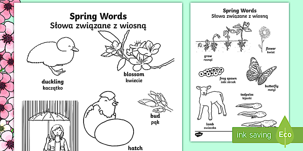 Springtime Words Colouring Pages English/Polish - Spring Words Colouring