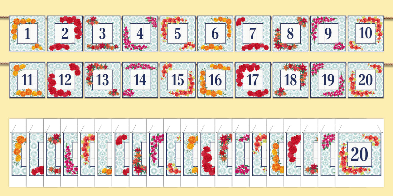 Floral Ceramics Themed Numbers 1-20 Display Bunting - Twinkl