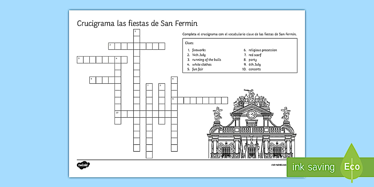 San Fermin Festivities Crossword Spanish - Twinkl