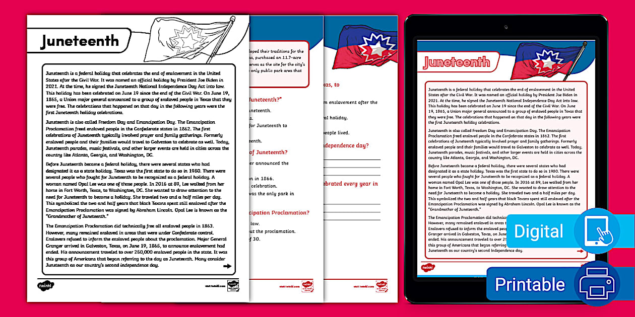Juneteenth Reading Comprehension Worksheet | Twinkl USA
