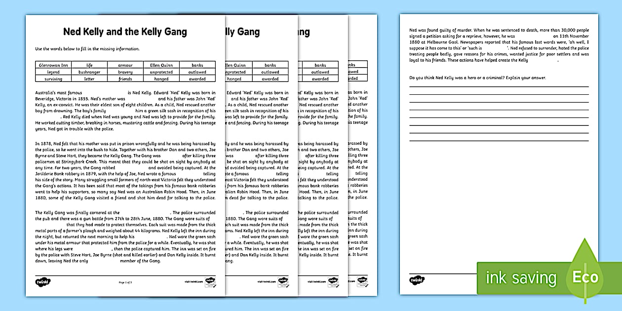 Ned Kelly and the Kelly Gang Cloze Worksheet / Worksheet-Australia